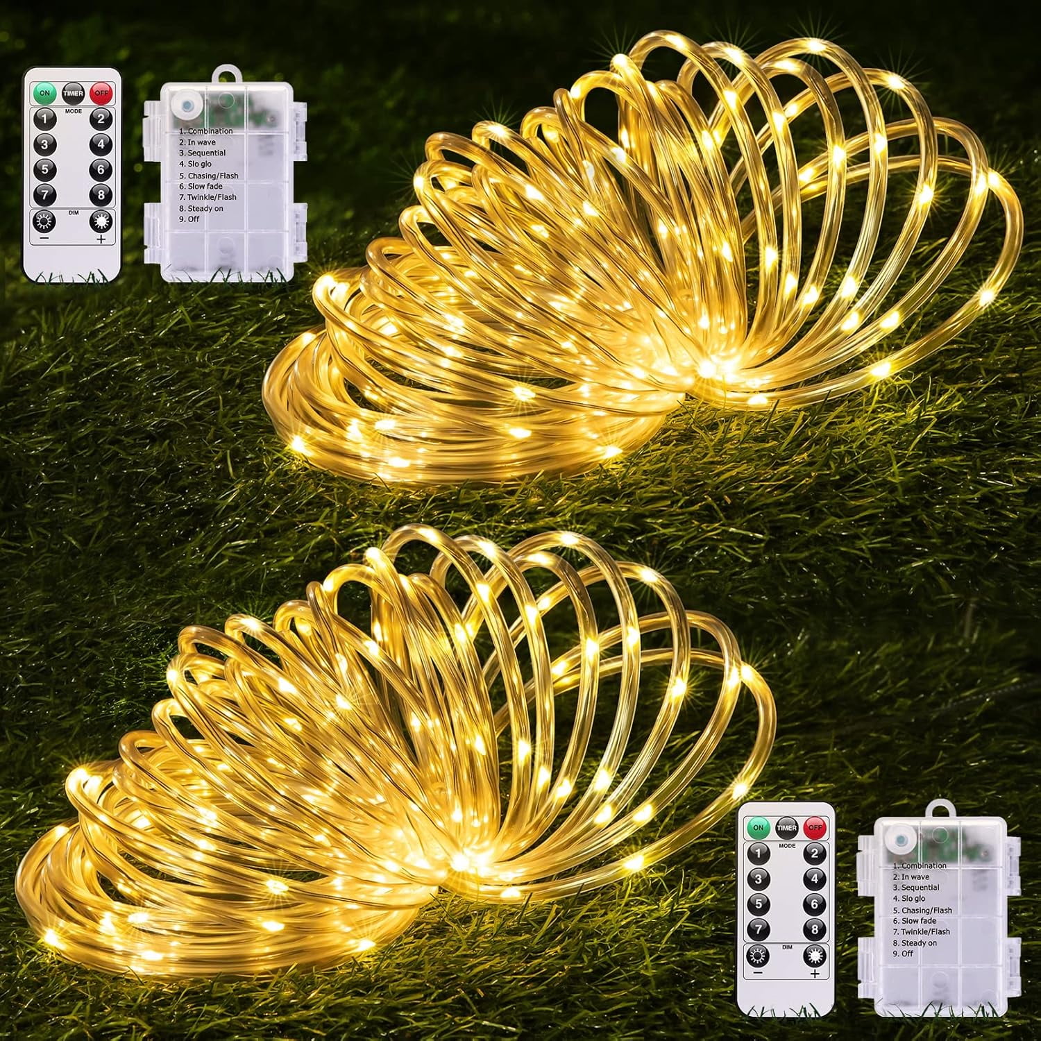 2 Pack Battery Operated Rope Lights Outdoor Waterproof, Total 200LED ...