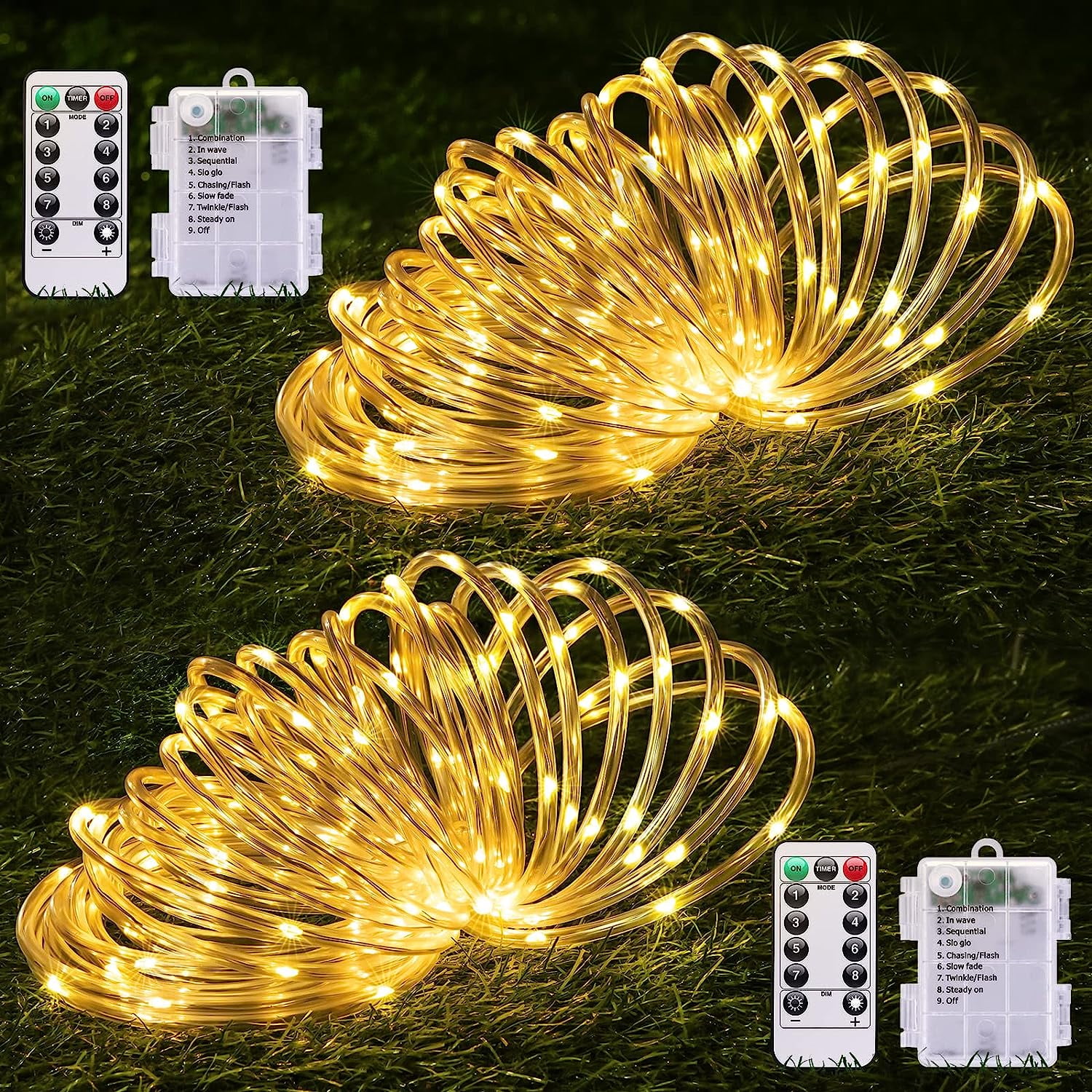 2 Pack Battery Operated Rope Lights Warm White - Outdoor Waterproof ...