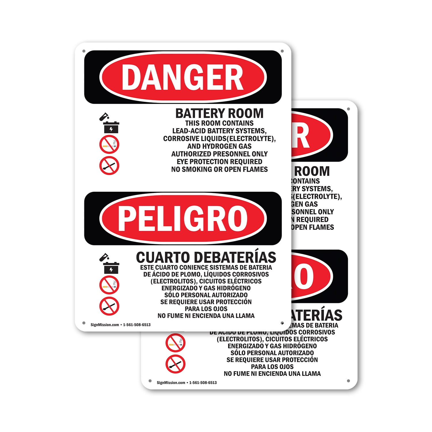 (2 Pack) Battery Room Bilingual OSHA Danger Sign 12 Inch X 18 Inch ...