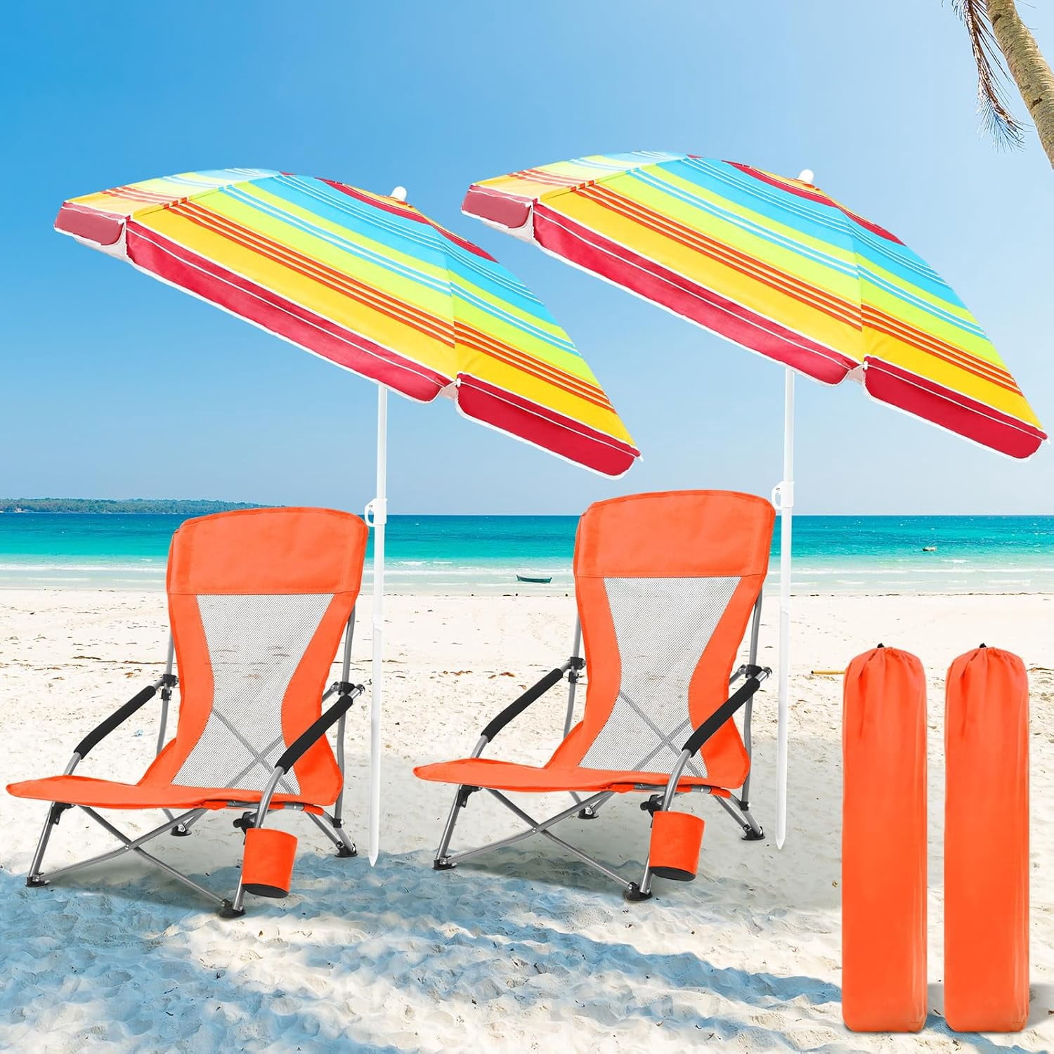 2 Pack Beach Chairs for Adult with Umbrella Cup Holder and Carry Bag ...