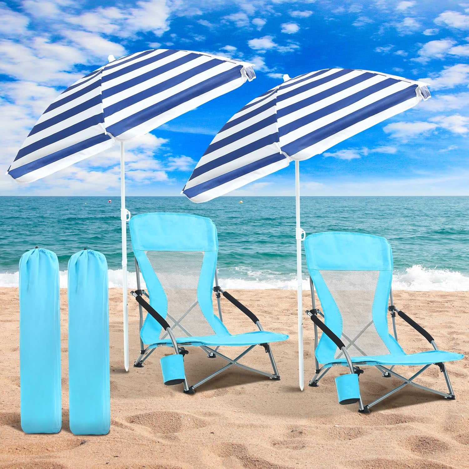 2 Pack Beach Chairs for Adult with Umbrella Low Folding Camping Chairs ...