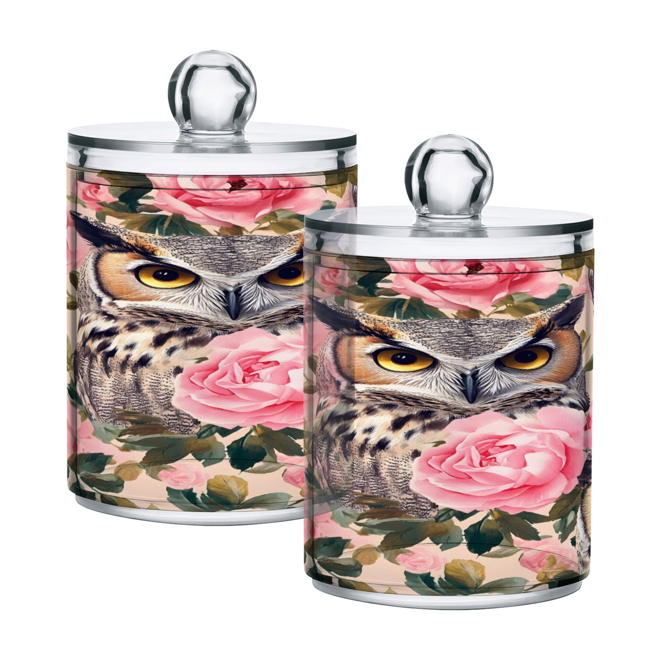 2 Pack Beautiful Owls and Pink Roses Qtip Holder Dispenser Clear ...