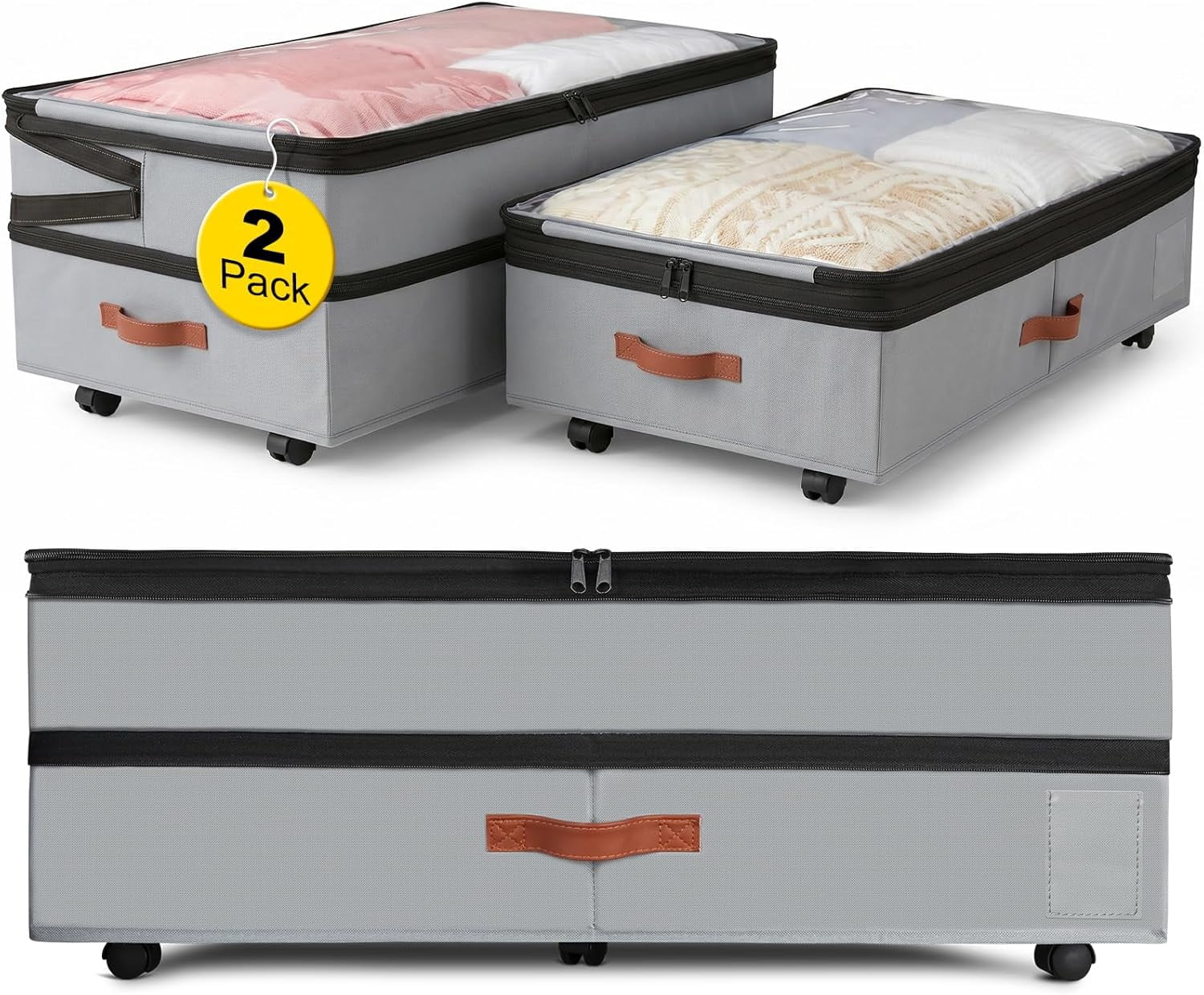 2 Pack Under Bed Storage with Wheels, Adjustable-Height Rolling Storage ...