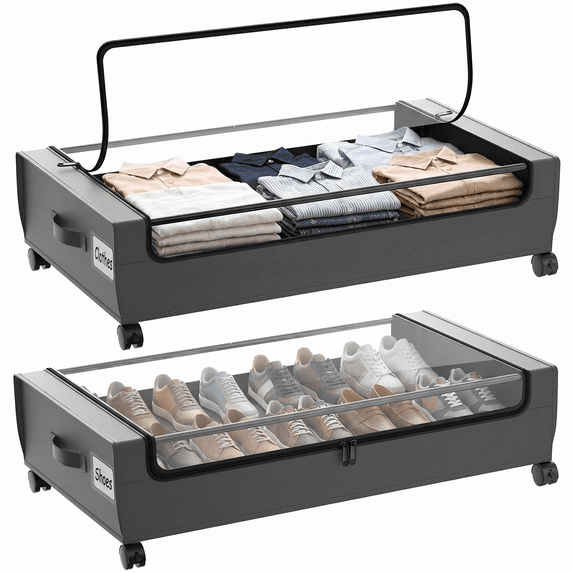 2-Pack Under Bed Storage with Wheels, Grey Under Bed Storage Containers ...