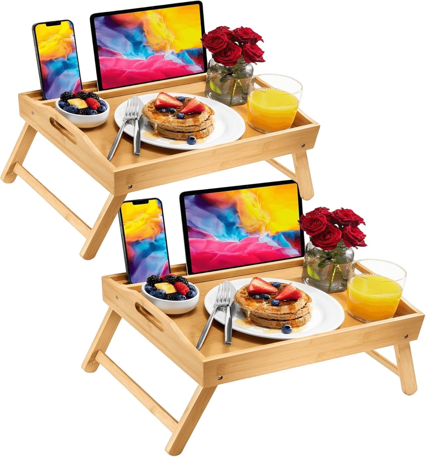2 Pack Bed Table Tray with Folding Legs, Laptop Holder and Handles - Breakfast Tray Bamboo Bed ...
