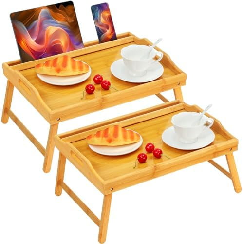 2 Pack Bed Tray Table Breakfast Trays Serving Tray Bamboo Bed Laptap ...