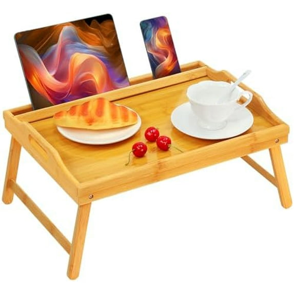 2 Pack Bed Tray Table Breakfast Trays Serving Tray Bamboo Bed Laptap Floding Legs with Handles ...