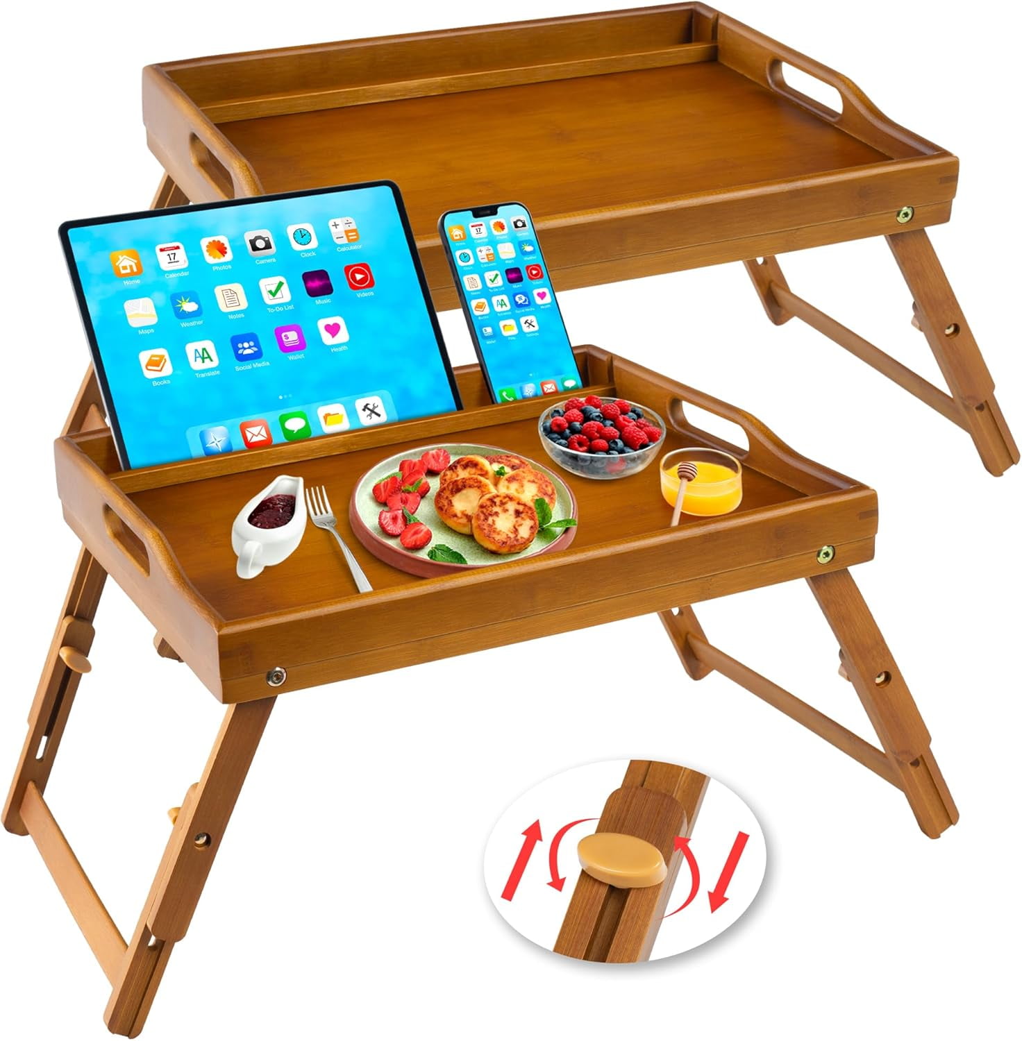 2 Pack Bed Tray Table with Handles Folding Legs, Bamboo Breakfast Food ...