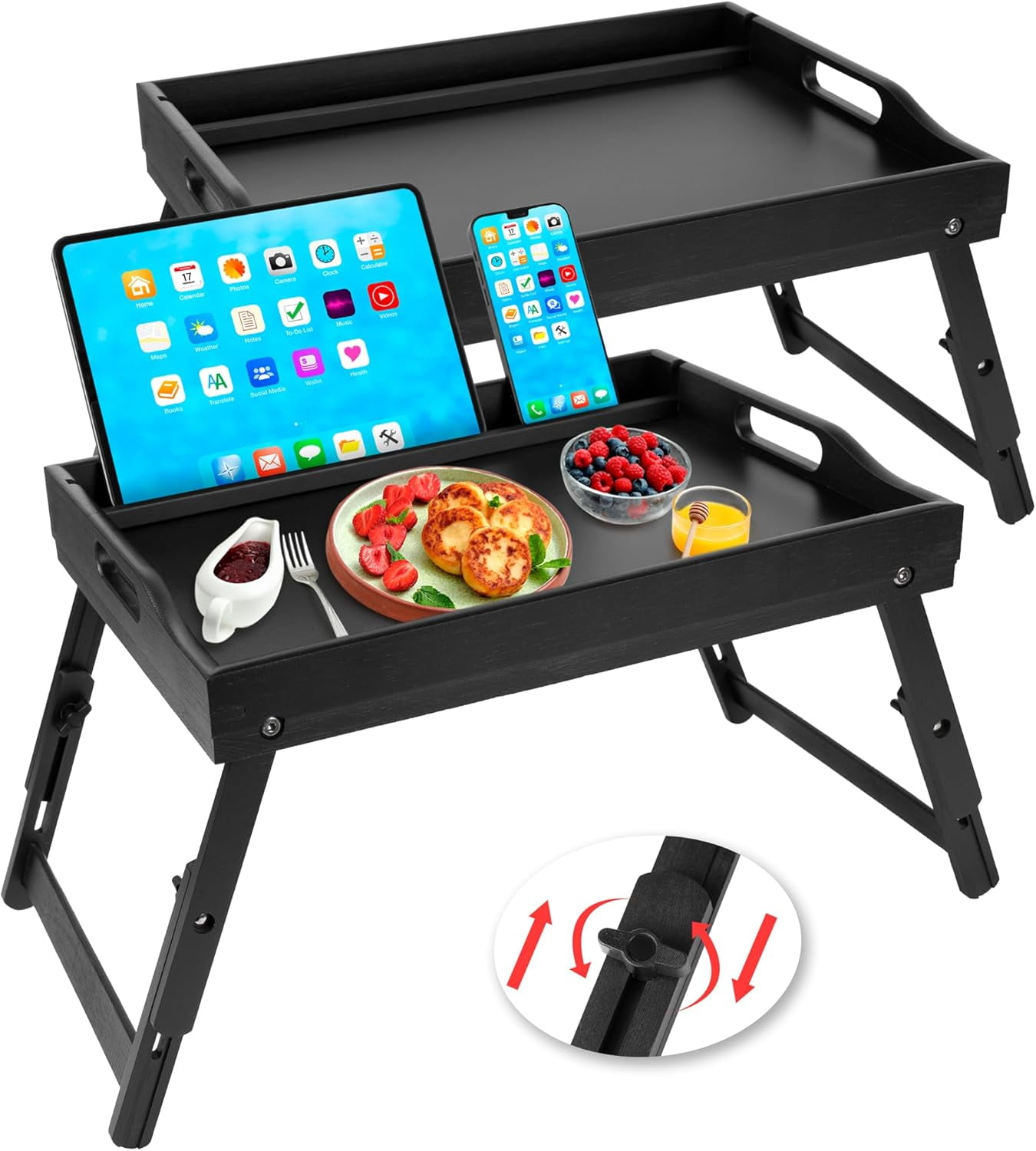 2 Pack Bed Tray Table with Handles Folding Legs, Bamboo Breakfast Food Tray with Media Slot, Use ...