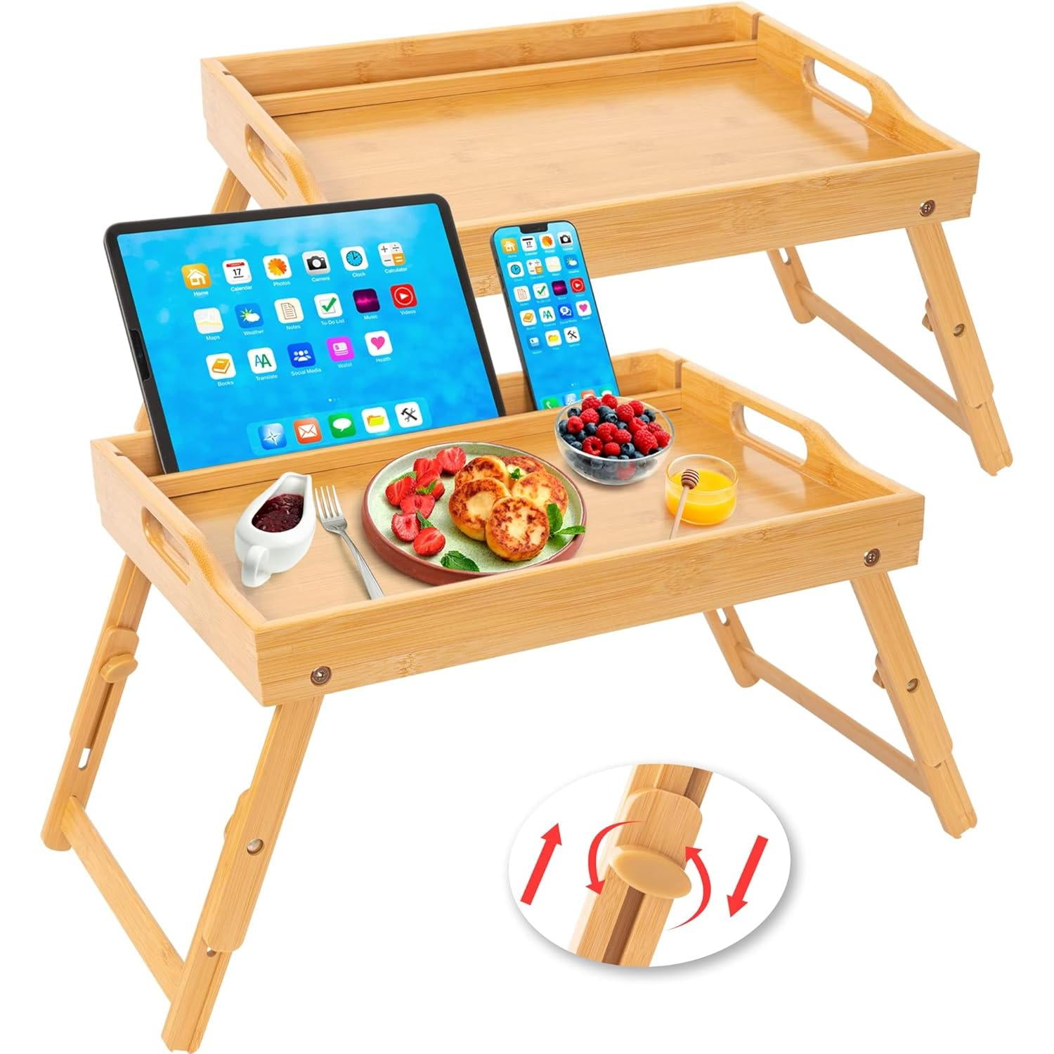 2 Pack Bed Tray Table with Handles Folding Legs, Bamboo Breakfast Food Tray with Media Slot, Use ...