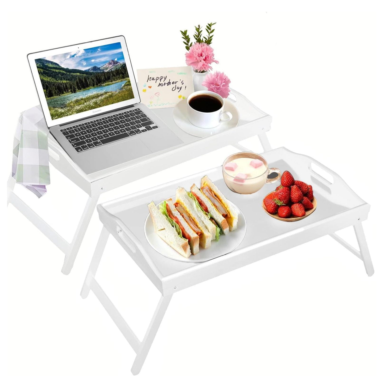 2-Pack Bed Tray Table with Folding Legs Wooden Serving Breakfast in Bed ...