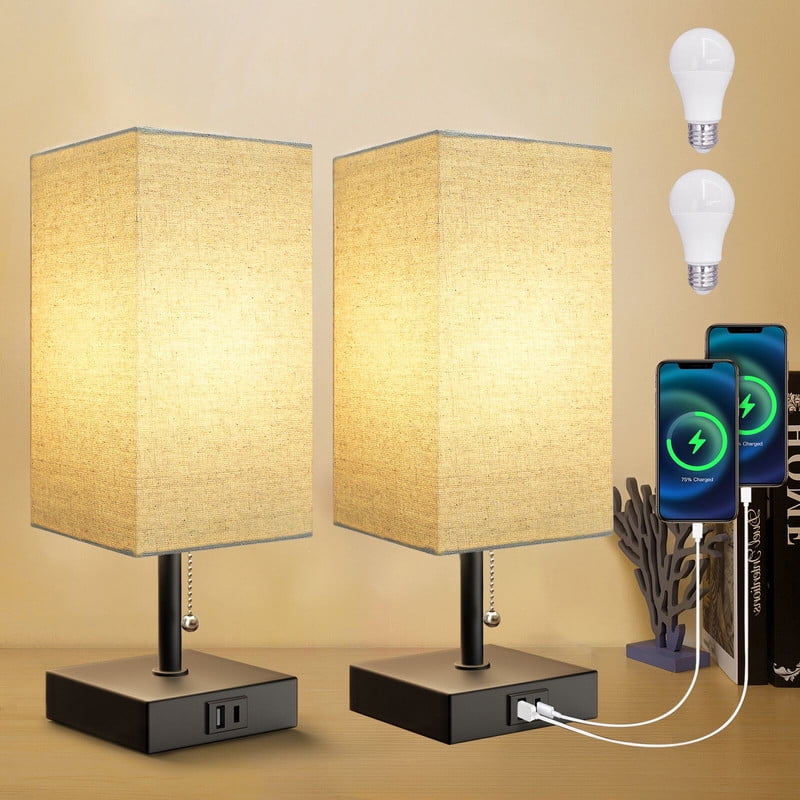 2 Pack Beige Bedside Table Lamp,Pull Chain Table Lamp with 2 USB ...