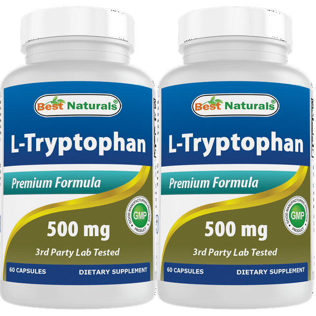 Best Naturals L-Tryptophan 500 mg Supplement - 2 Pack, 60 Capsules Each, Non-GMO & Gluten-Free ...