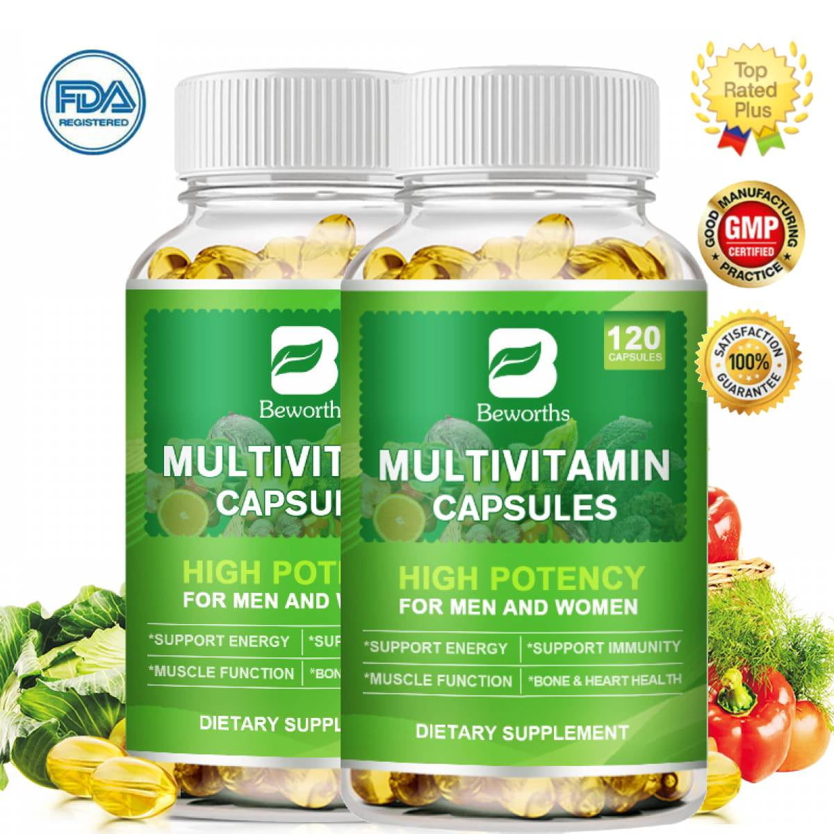 (2 Pack)Beworths Multivitamin Capsules Supplement, Brain Heart Health ...