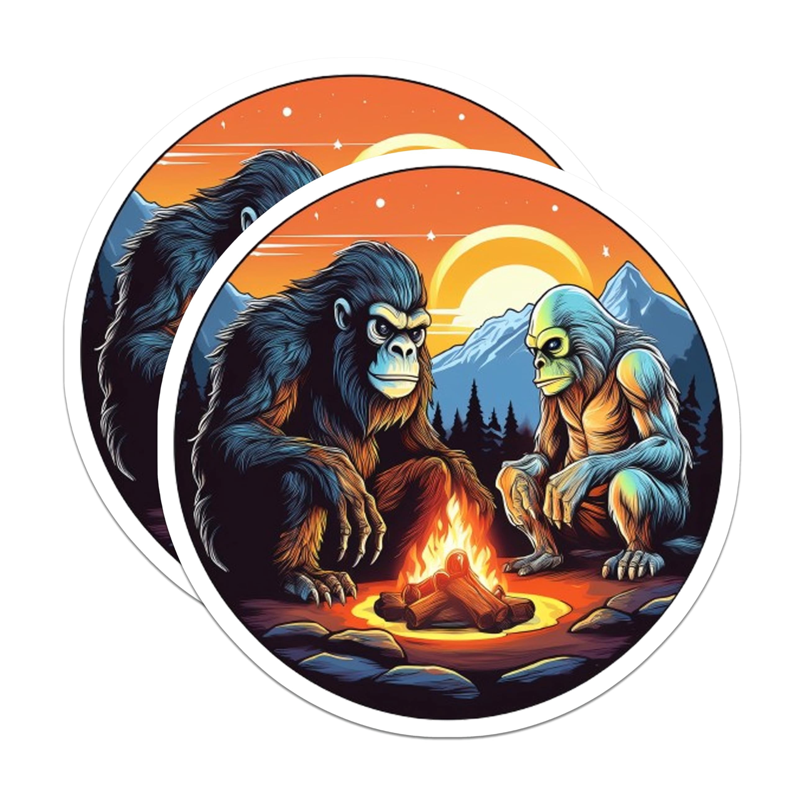 (2 Pack) Bigfoot Alien Ape Stickers - Cryptid Campfire Scene - Mountain ...