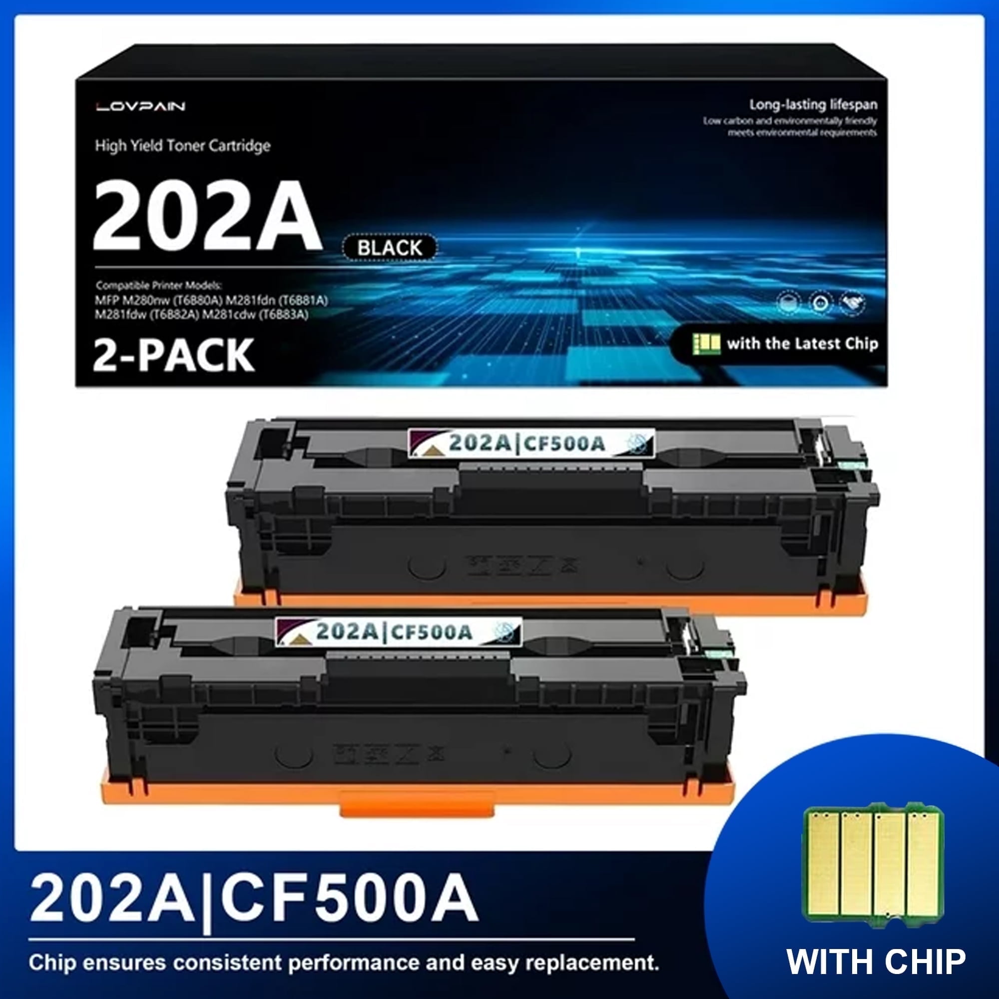 2-Pack 202A CF500A Black Toner Cartridges for HP Printers - High Yield ...