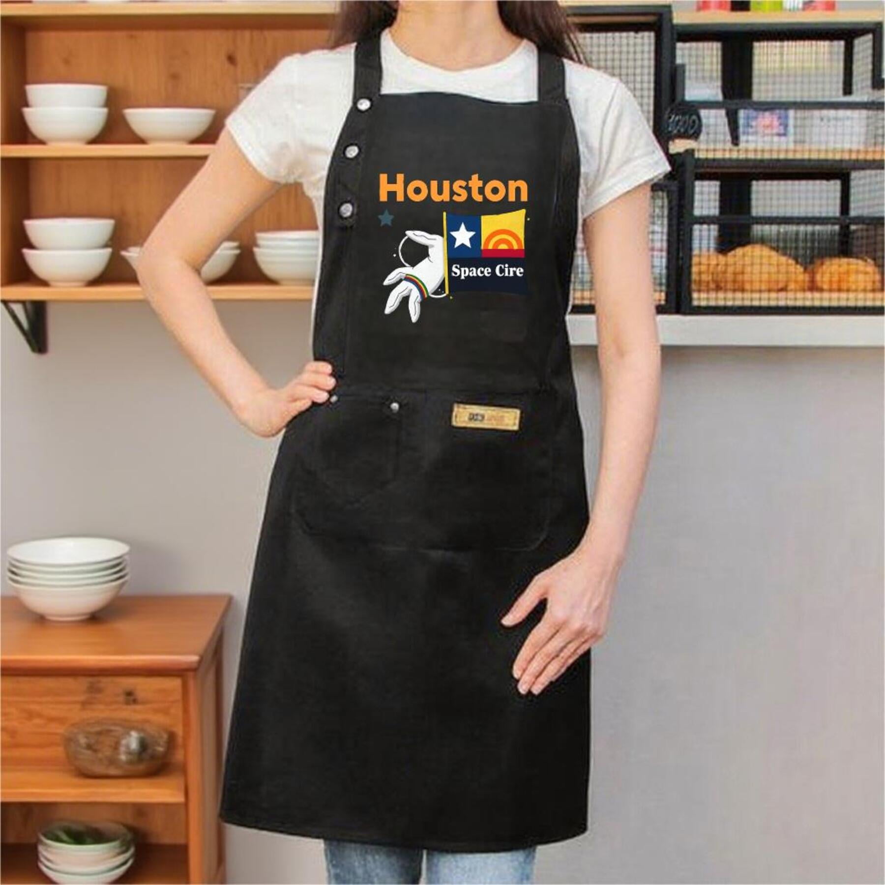 2 Pack Black Aprons with Front & Side Pockets & Star Graphic Adjustable ...