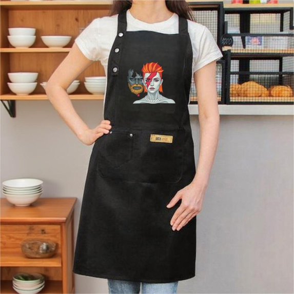 2 Pack Black Aprons with Stylish Mask Design & Red Hair Pattern - Front ...
