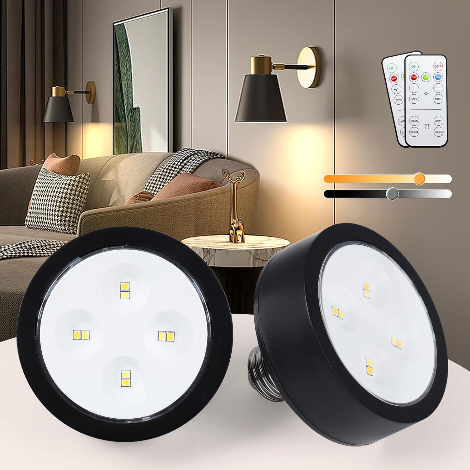 2 Pack Black Battery Operated Light Bulb for Lamps, LED Puck Lights ...