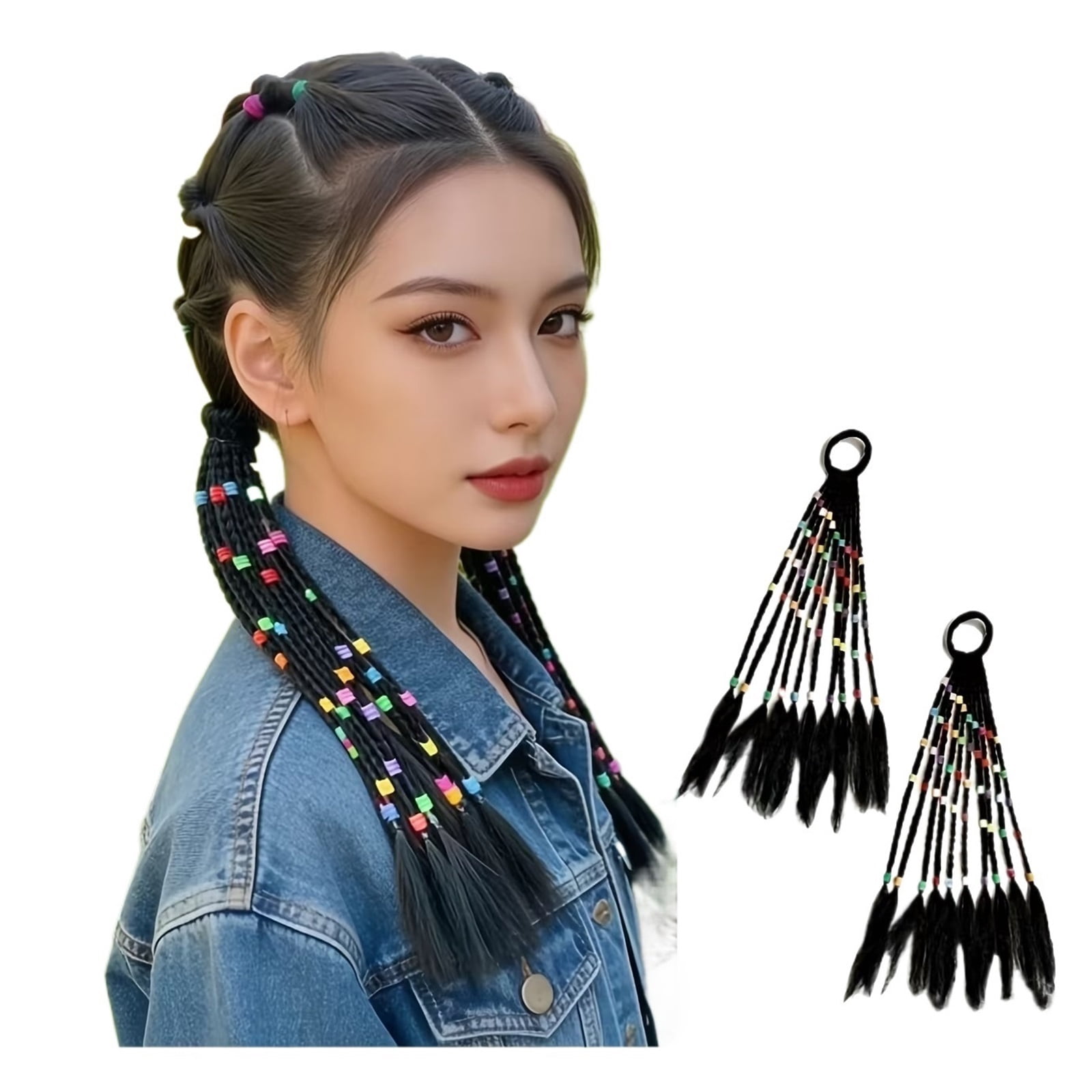 2-Pack Black Braided Wigs with Colorful Beads - 12 Inches Long, Easy to ...