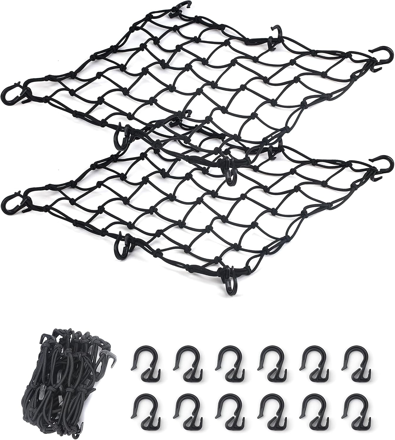 2 Pack Black Cargo Nets, Heavy Duty Latex 17"X17" Bungee Net Stretches ...