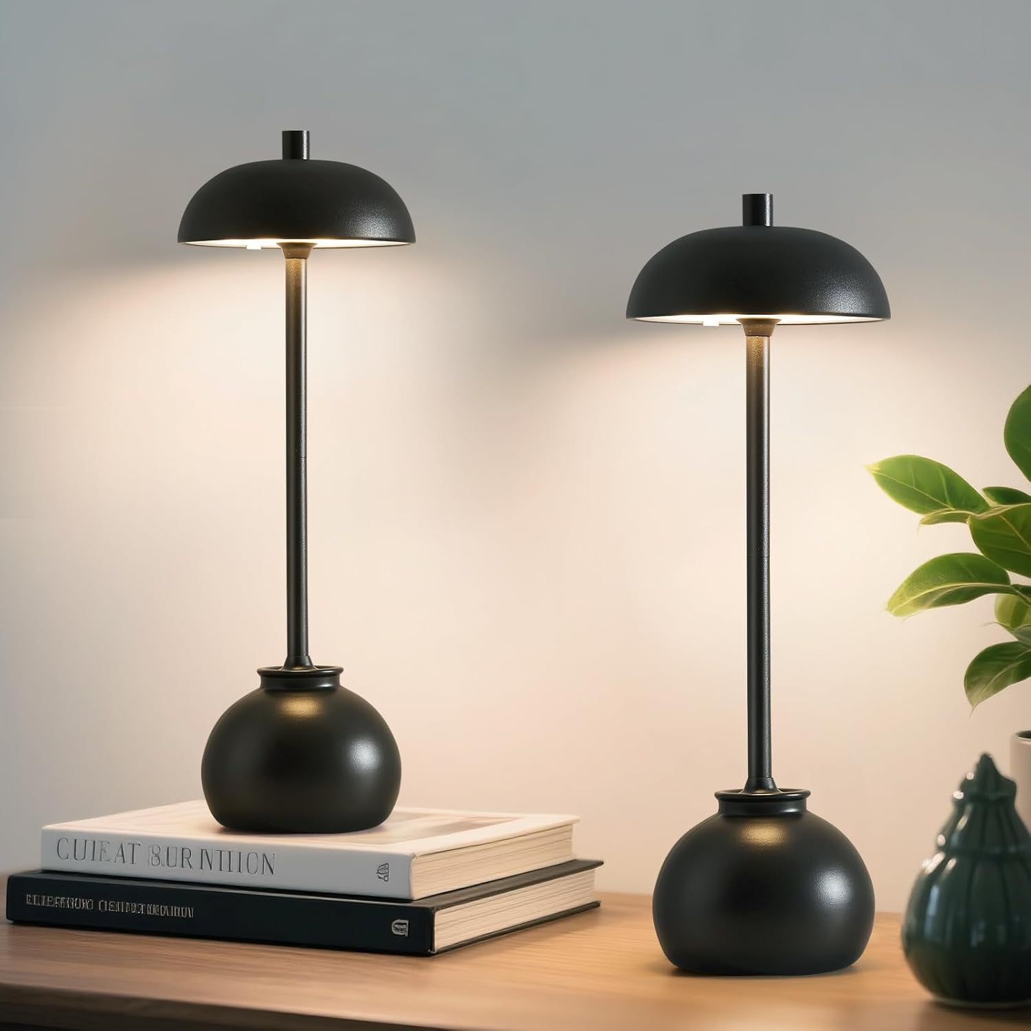 2 Pack Black Ceramic Rechargeable Table Lamps, 5000mAh Small Wireless ...