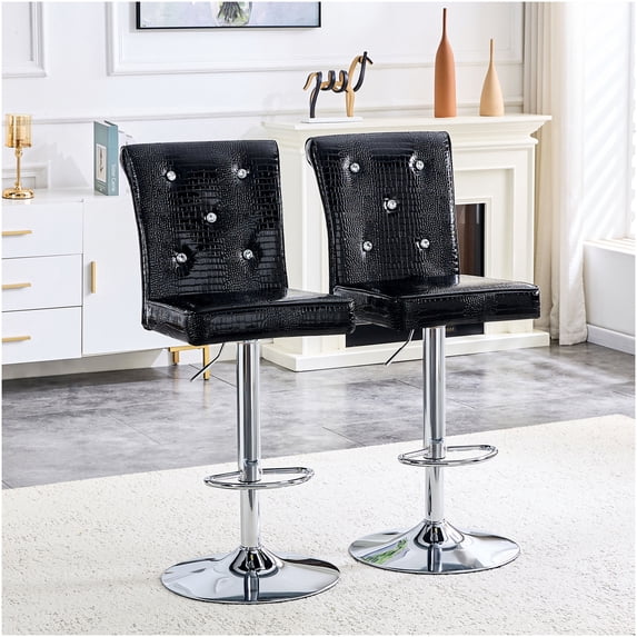 2 Pack Black Crocodile Embossed PVC Leather Bar Stools with Crystal ...