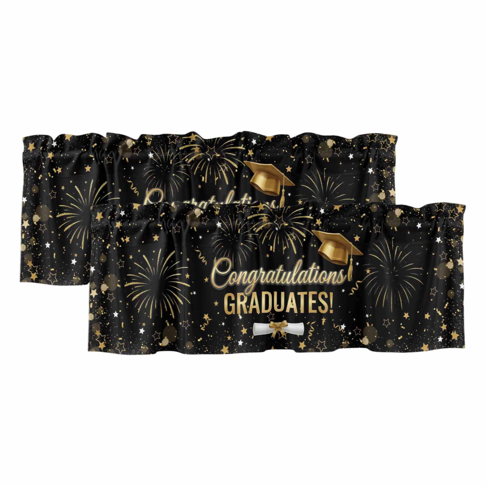 2 Pack Black Gold Graduation Cap Valance for Window Graduates ...