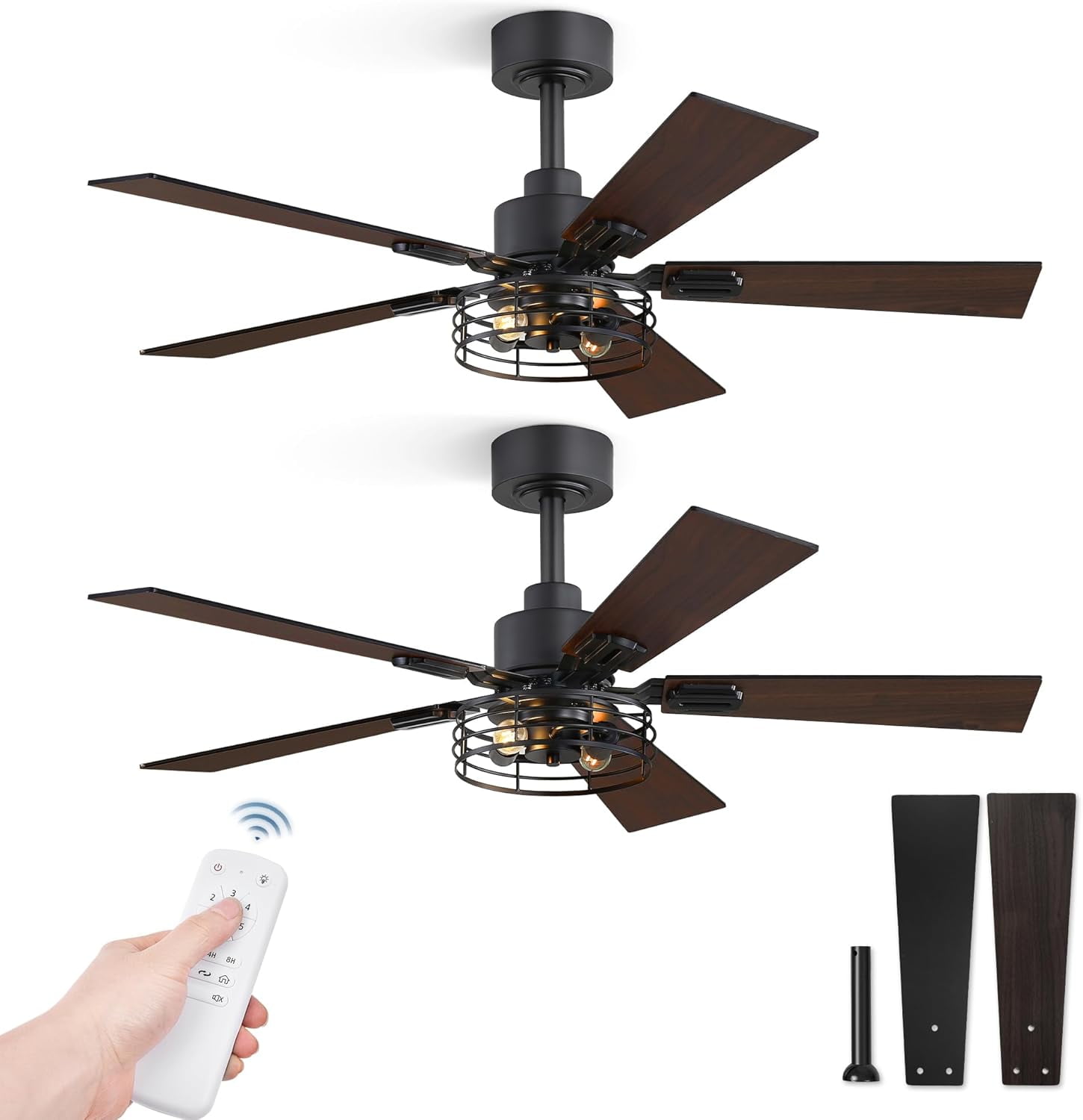 2-Pack Black Industrial Cage-Style 42-Inch Ceiling Fan with Light, 5 ...