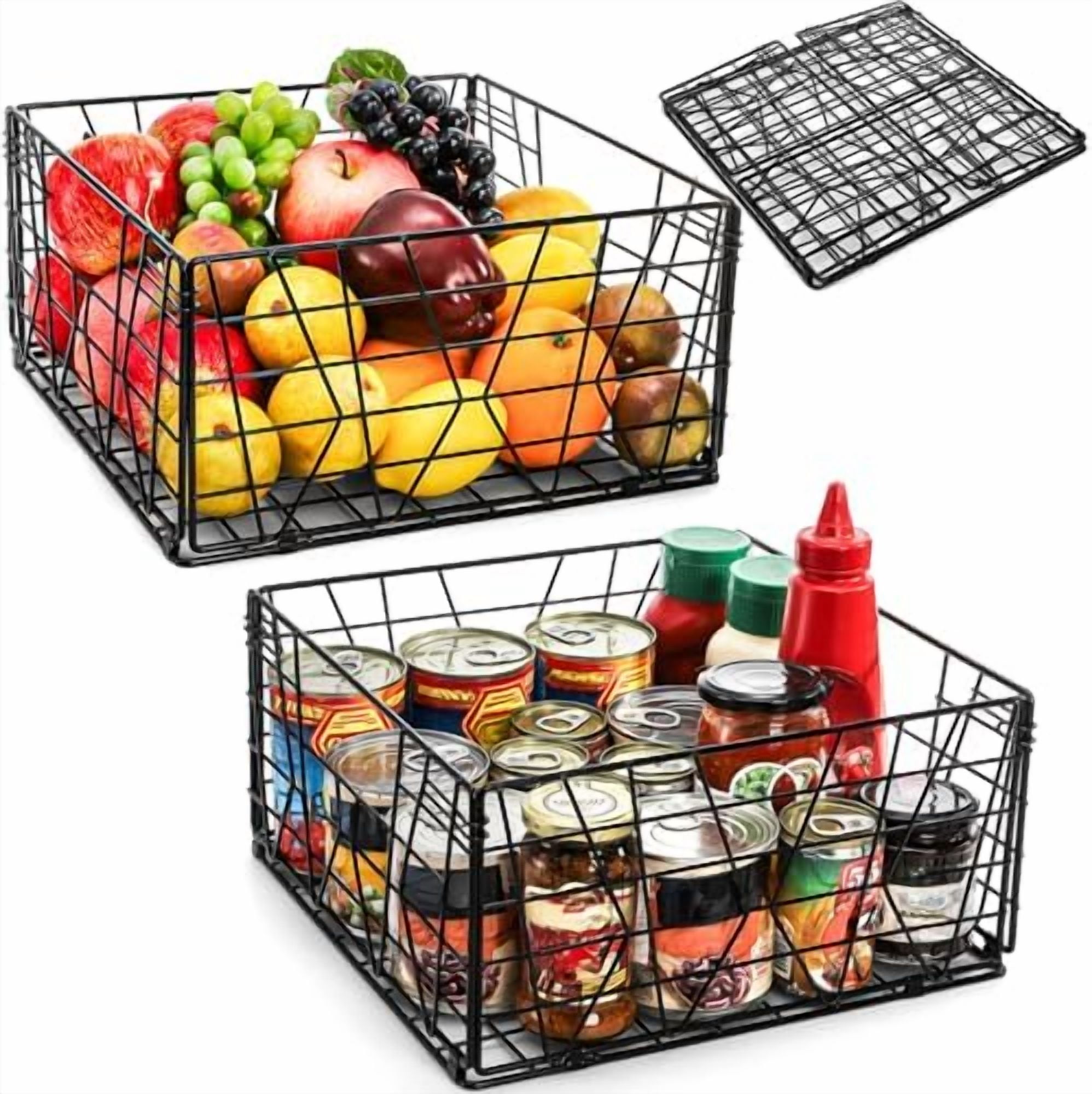 2-Pack Black Metal Food Storage Baskets: Foldable, handle-equipped. For ...