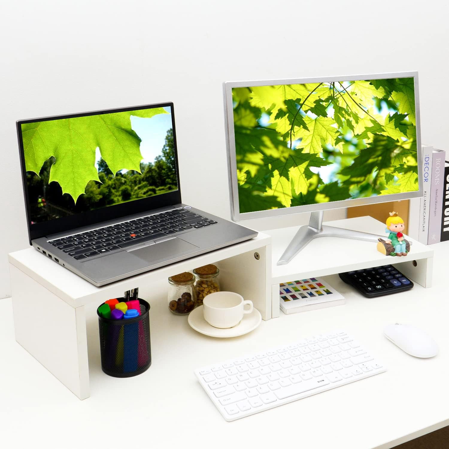 2 Pack Black Monitor Stand Riser,Wood 2 Tier Adjustable Monitor Stand ...