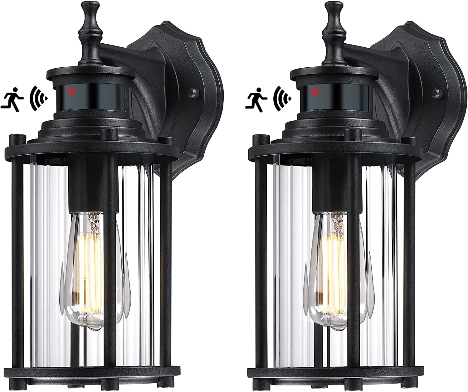 2-Pack Dusk-Dawn Black Motion Sensor Outdoor Wall Light, Ribbed Glass ...