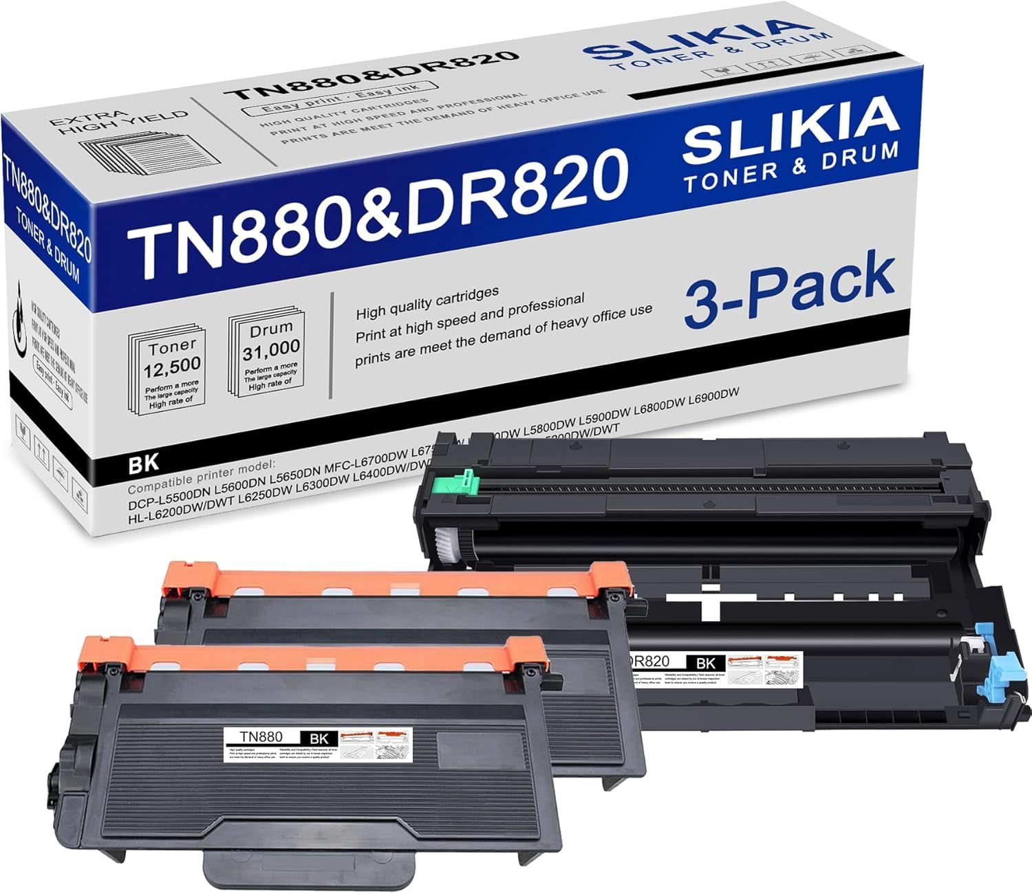 2 Pack Black TN880 Toner Cartridge and 1 Pack Black DR820 Drum Unit ...