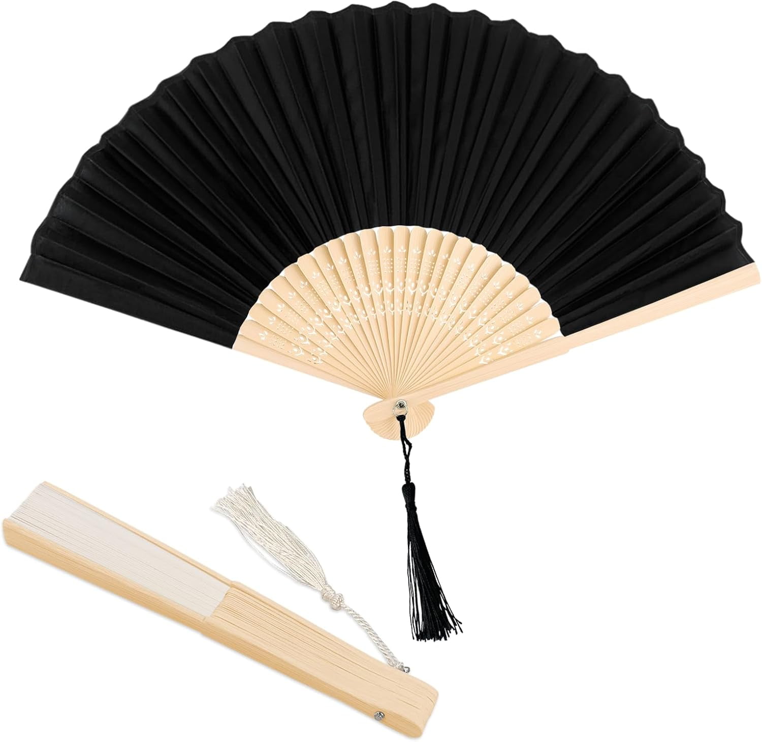2 Pack Black and White Silk Bamboo Folding Fans, Hand Fans for Line ...