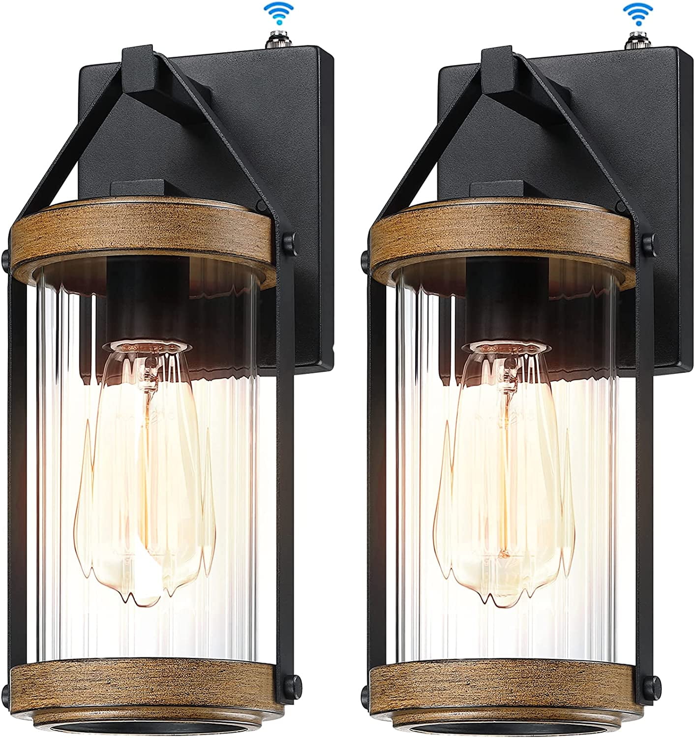 2 Pack Black and Wood Texture Dusk to Dawn Outdoor Wall Light Fixture ...