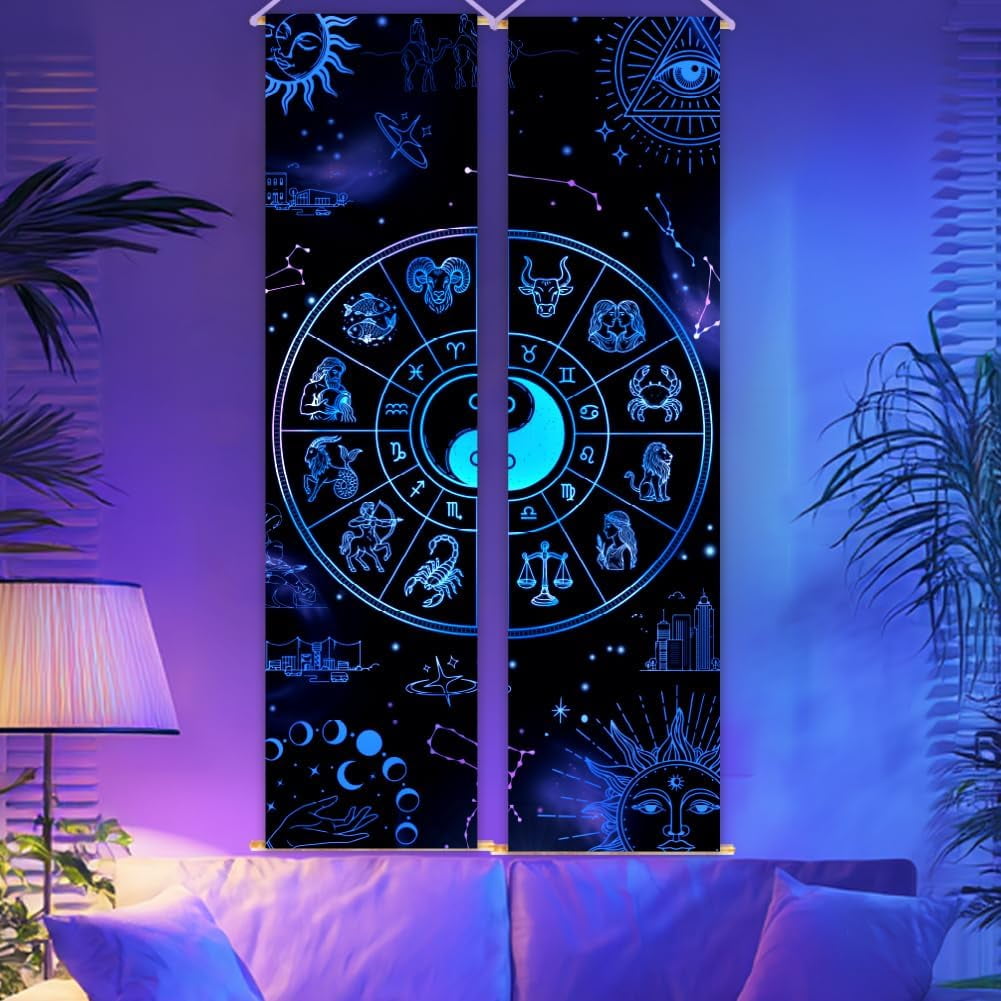 2 Pack Blacklight Constellation Tapestry Glow in the Dark Zodiac ...