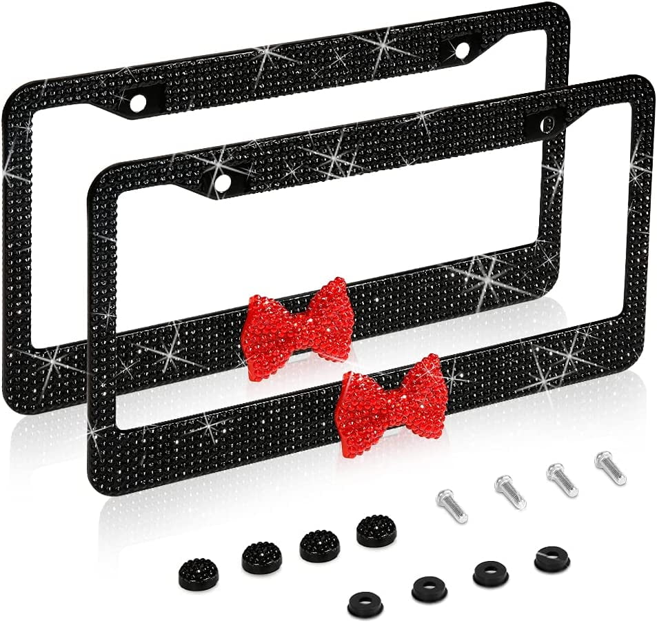2 Pack Bling License Plate Frame，Handcrafted Bling Rhinestone Premium Stainless Steel License ...