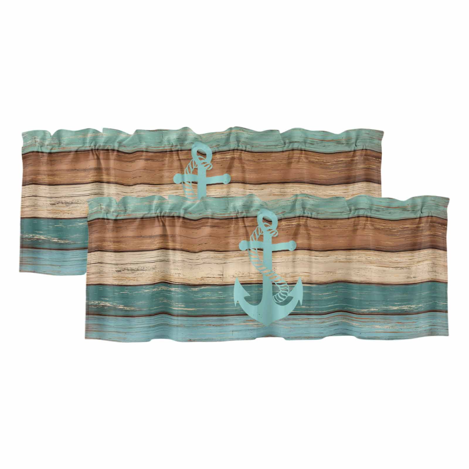 2 Pack Blue Anchor Valance for Window Turquoise Brown Wood Grain Retro ...