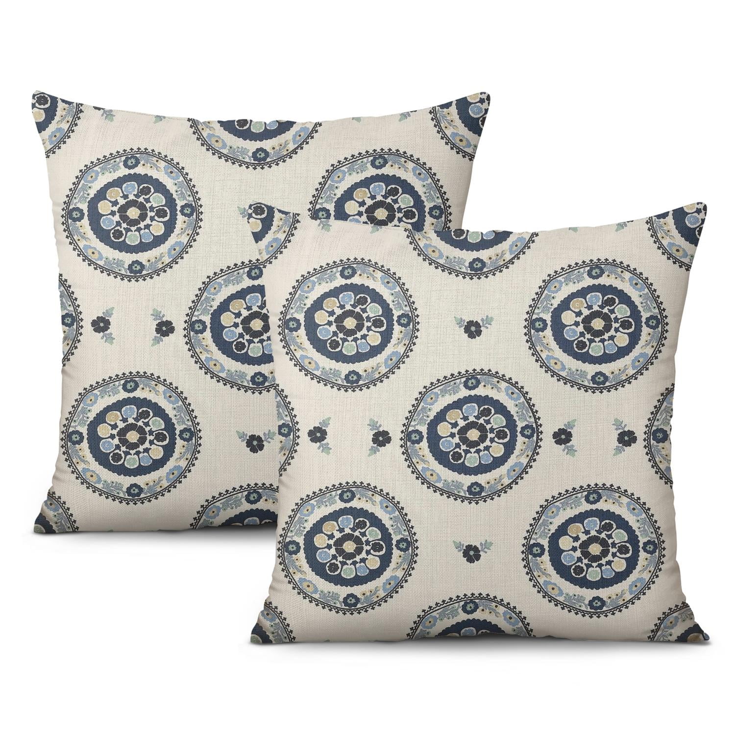 2-Pack Blue Euro Linen Pillow Covers Blooming Floral Pattern Couch ...