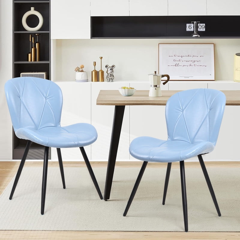 2-Pack Blue Faux Leather Dining Chairs Set with Metal Legs - Wide Seat ...