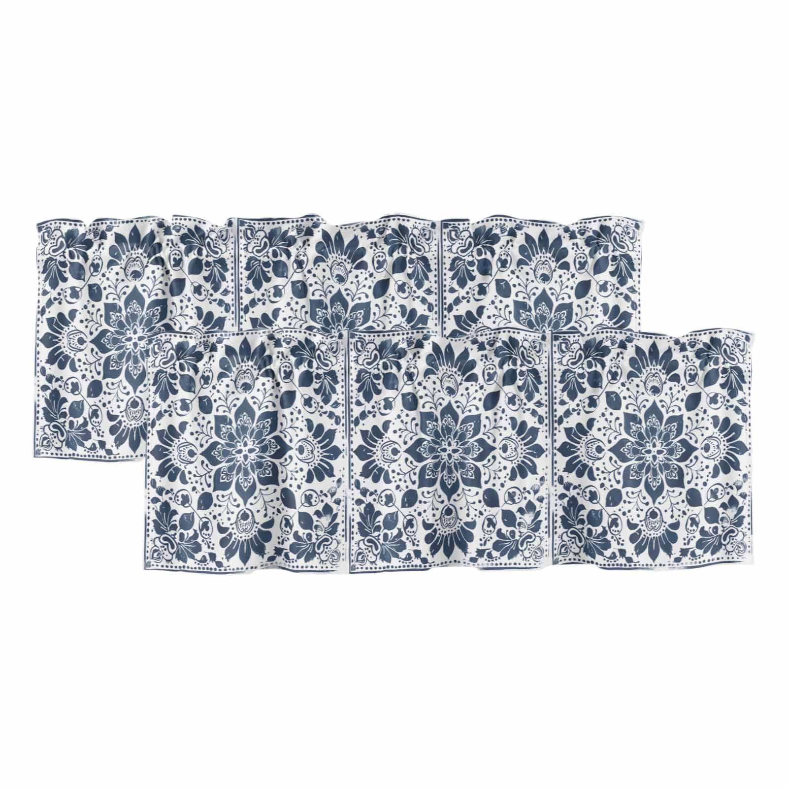 2 Pack Blue Floral Valance for Window Pattern Leaves Geometric Art ...