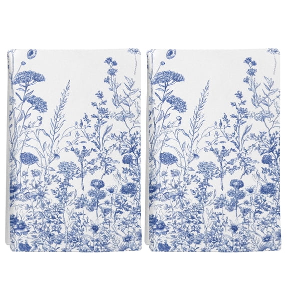 2 Pack Blue Flower Kitchen Towels Spring Wildflowers Blue White Line ...