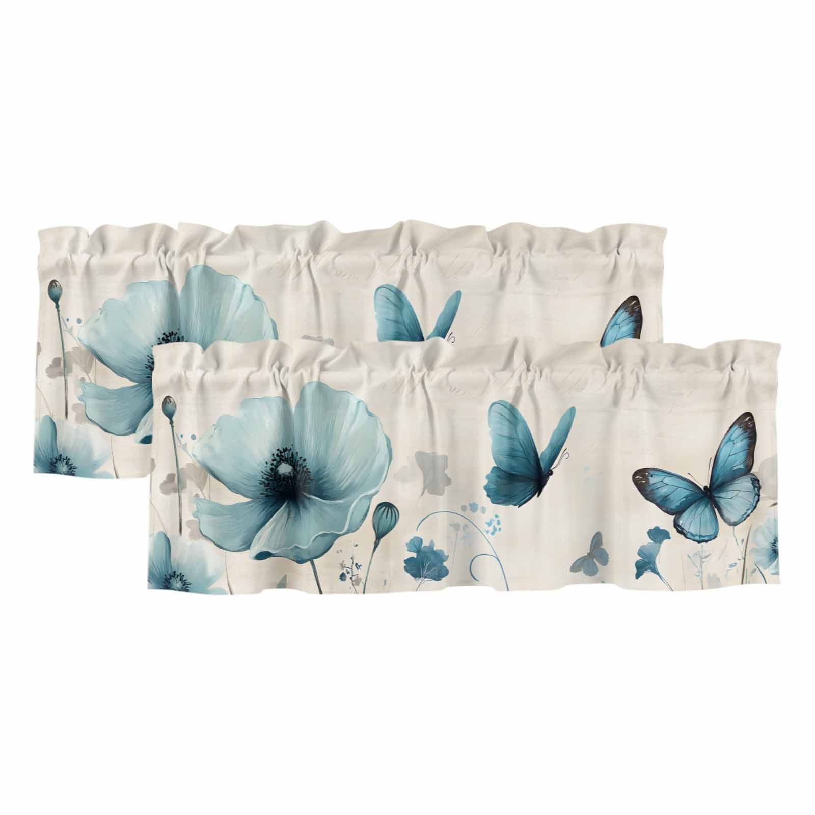 2 Pack Blue Flowers Butterfly Valance for Window Watercolor Retro Leaf ...