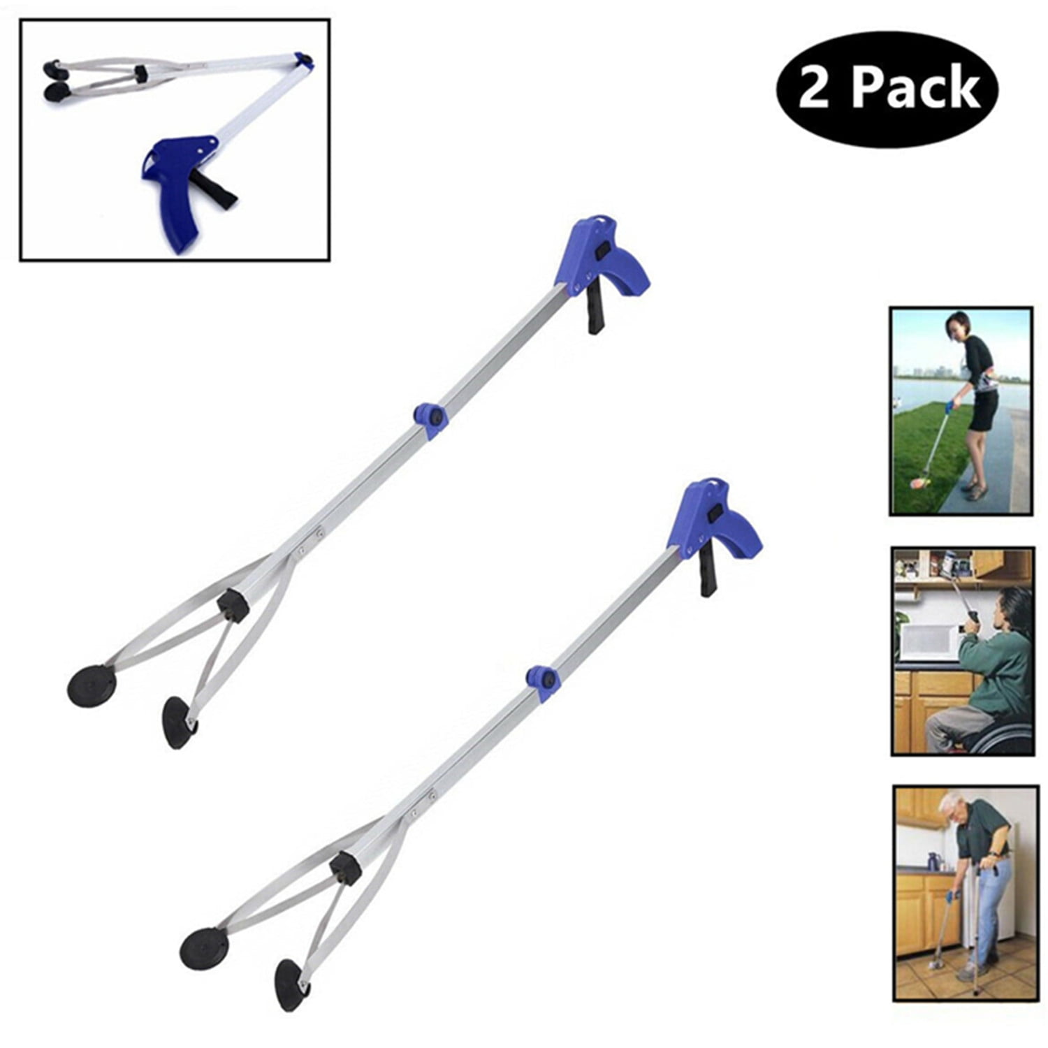 2 Pack Blue Foldable Pick Up Tool Grabber Reacher Stick Grab Extend ...