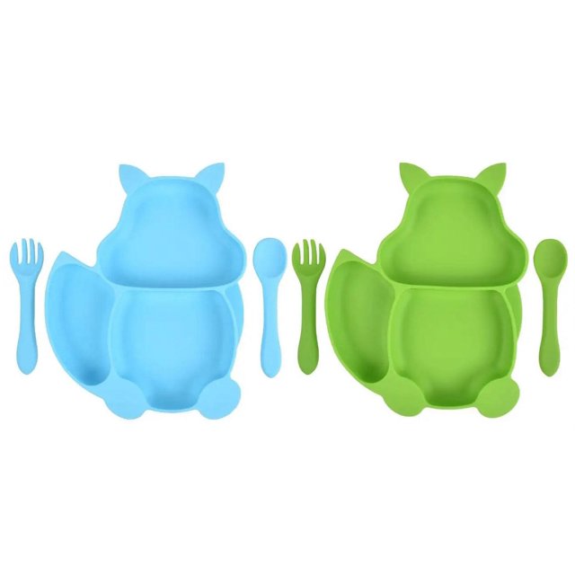 2 Pack Blue/Green Silicone Fox Plates With Suction Base And Matching ...