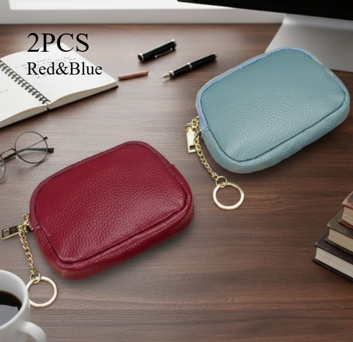 2-Pack Blue&Red Mini Coin Purse - Soft Leather Zipper Pouch with Key ...