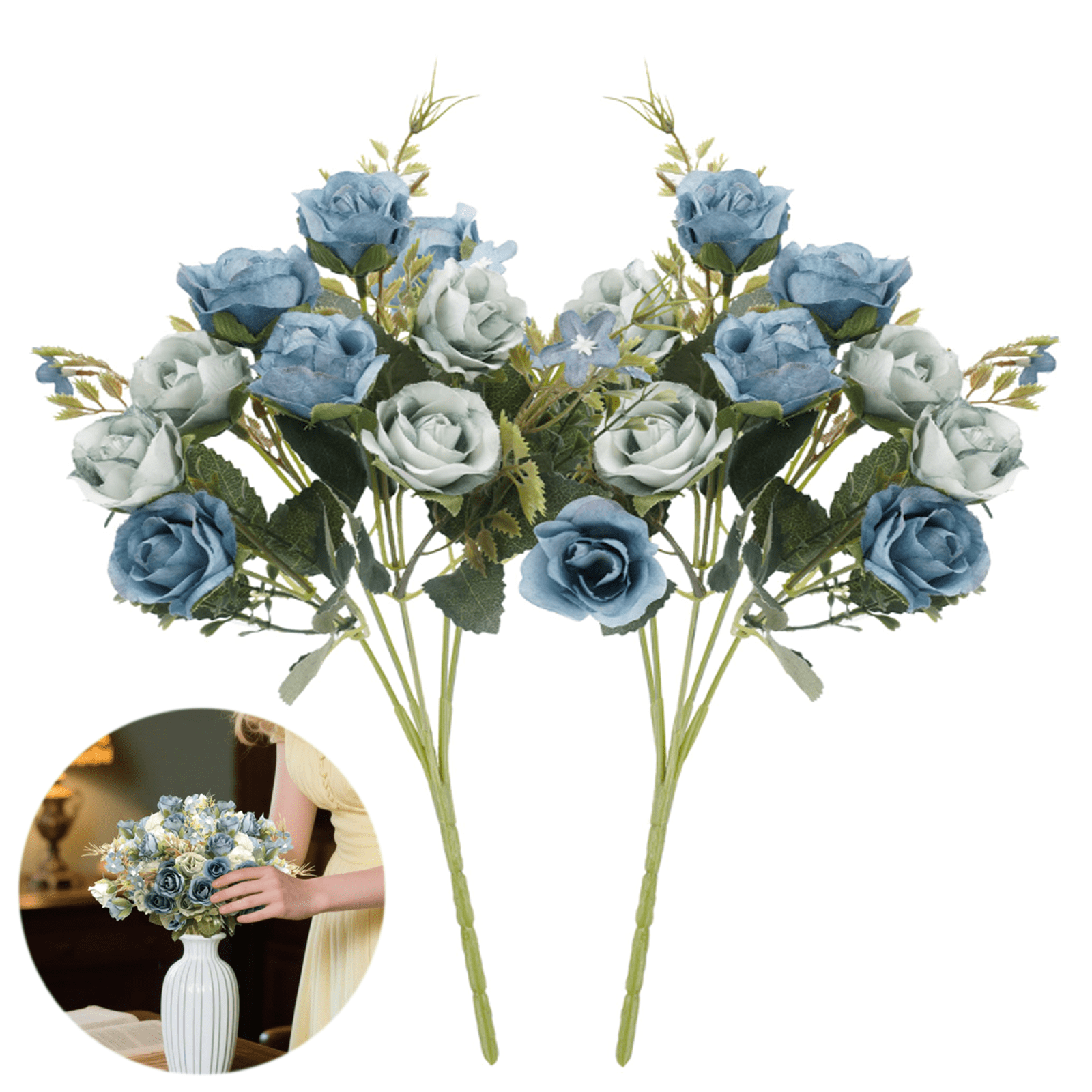 2 Pack, Blue5 Stems Artificial Flowers Small Roses with Leaf Bouquet ...