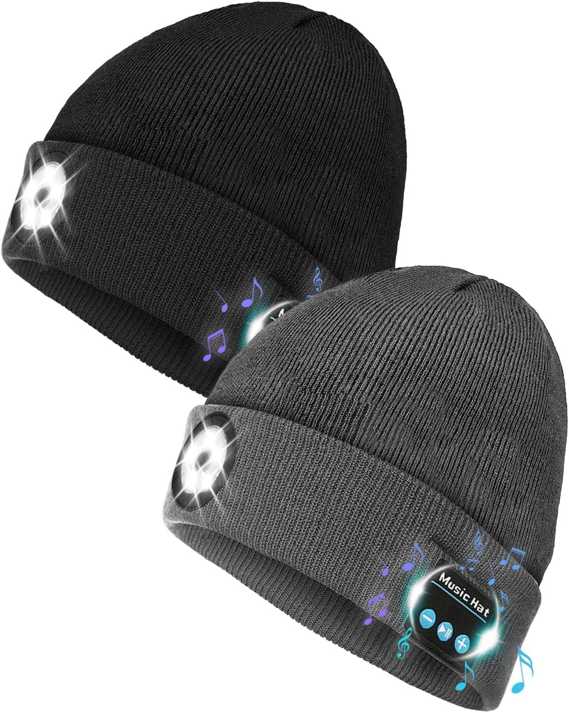 2 Pack Bluetooth Beanie Hat with Light, 5 LED Rechargeable Headlamp Cap ...