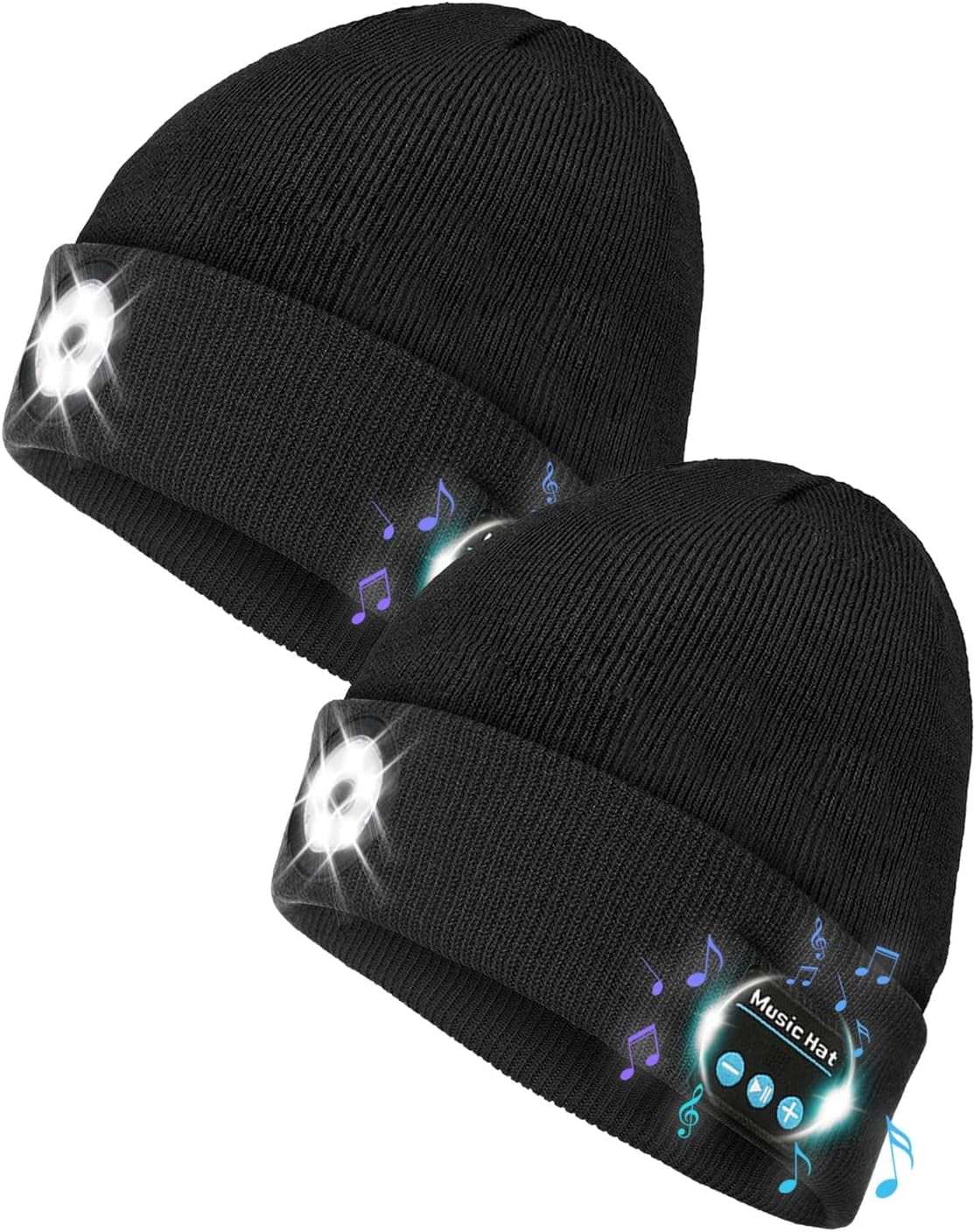 2 Pack Bluetooth Beanie Hat with Light, 5 LED Rechargeable Headlamp Cap ...