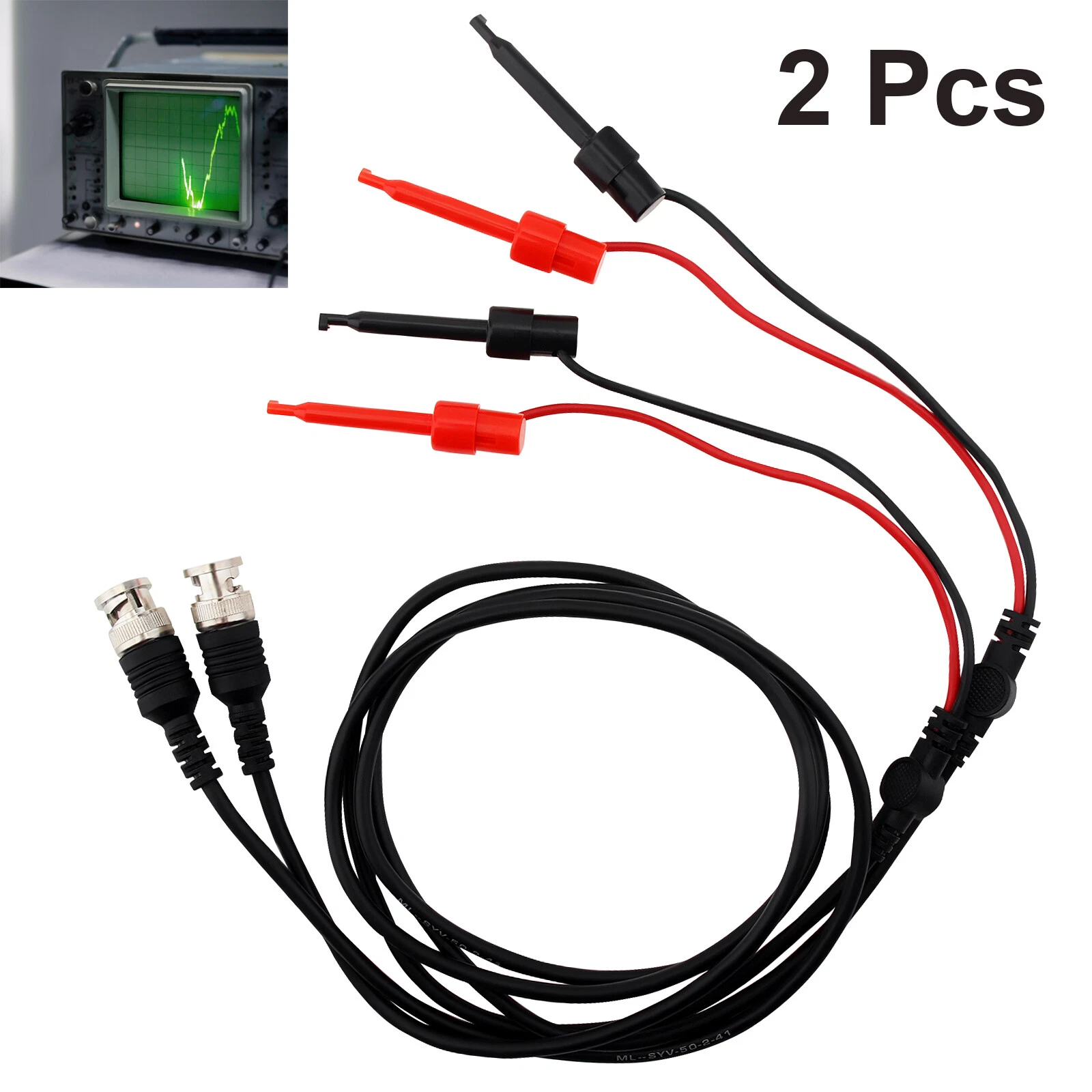 2 Pack Bnc Male Plug Q9 To Dual Alligator Clip Test Leads Probe Coaxial ...